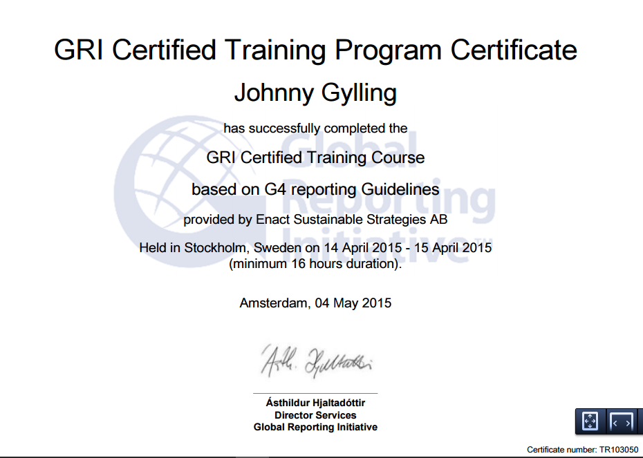 Certifierad i hållbarhetsredovisning enligt GRI G4 - Good Enterprises 99